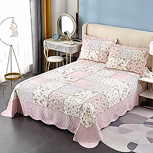 Brandream 4-Piece Pink Rose Floral Patchwork Quilts Cotton Queen Size Quilted Comforter Set Rustic Country Bedspread Set