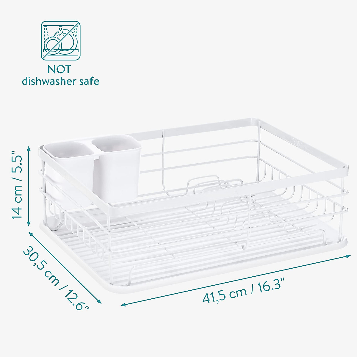 Navaris Dish Drainer Rack - Plate, Cutlery, Pots and Pans Drying Rack for Kitchen - Modern Retro Design Drip Tray with Metal Rack - White
