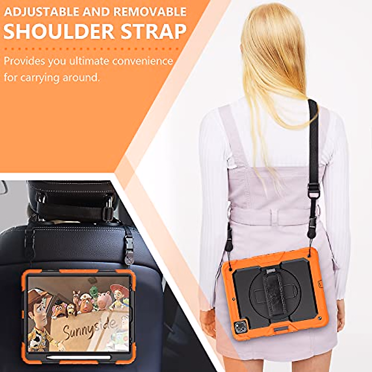 CLARKCAS Case for iPad Pro 12.9 inch Case 6th 2022 2021 5th Generation iPad Pro 12.9 Inch 2020 4th Gen with Screen Protector Pencil Holder Kids Shockproof Silicone Cover 360 Stand Hand Strap Orange