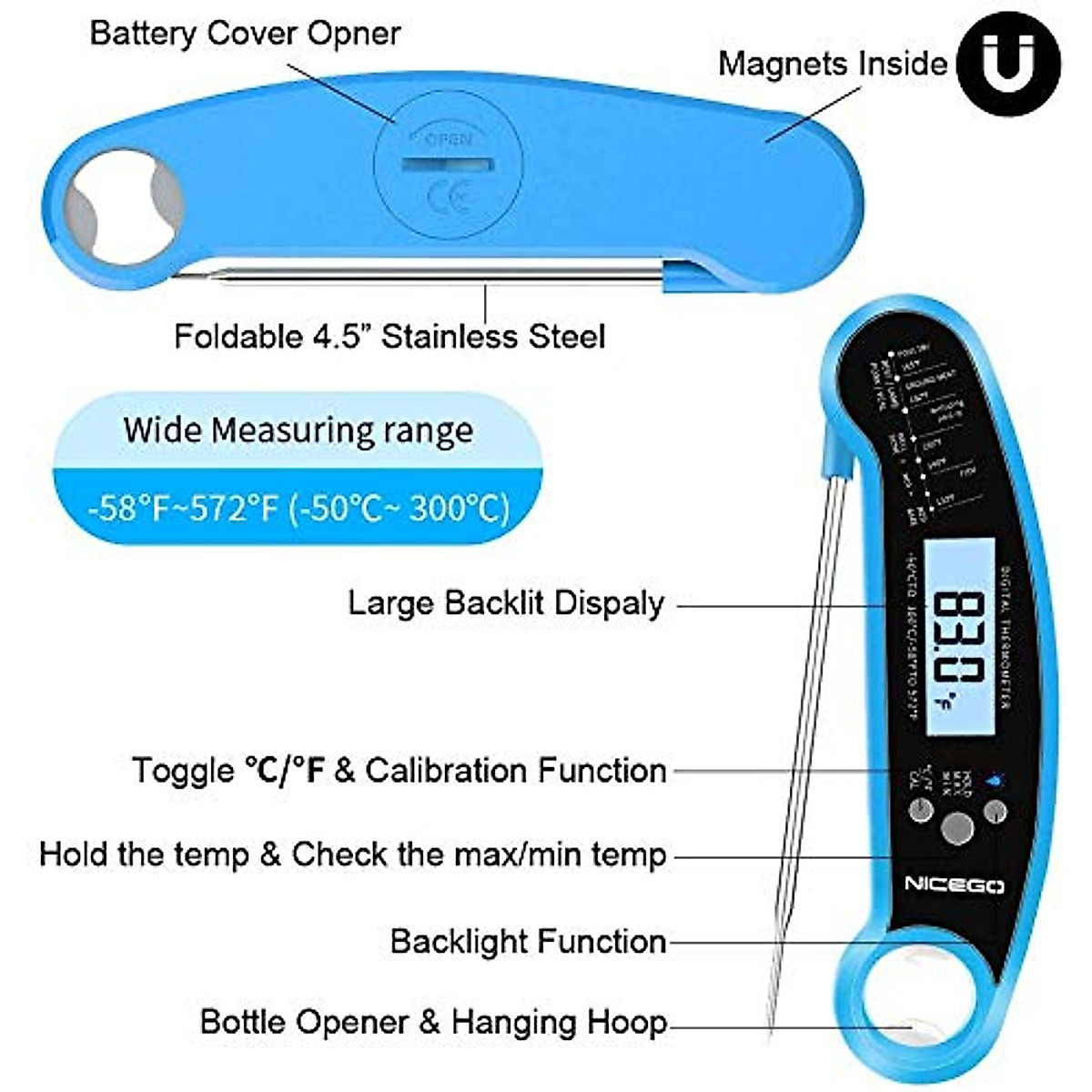NiceGo Digital Instant Read Meat Thermometer with Probe Fast Waterproof Thermometer with Back Light and Calibration. Digital Food Thermometer for Cooking, Kitchen, Outdoor Cooking, BBQ Grill. (Blue)