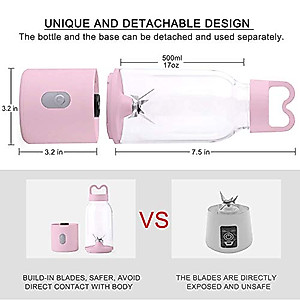 Portable Blender, Personal USB Mini Smoothie Blender, Electric Fruit Juicer Cup with Six Blades, 17oz Detachable Cup and 4000mAh Rechargeable Batteries, Small Travel bottles for shakes and smoothies (pink)