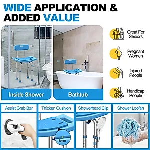Medhelp Shower Chair with Back for Inside Shower, FSA/HSA Eligible Heavy Duty 380lbs Stainless Steel Adjustable Shower Stool, Tool Free & Anti Slip Padded Bath Seat for Elderly, Handicap & Disabled