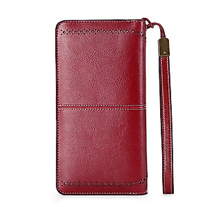 SENDEFN Genuine Leather Wallet for Women Clutch with Strap 24 Card Slots 2 ID Windows Cash Compartments 1 Zipper Pocket Credit Card Holder RFID Blocking Gift Box Included (Red-1)