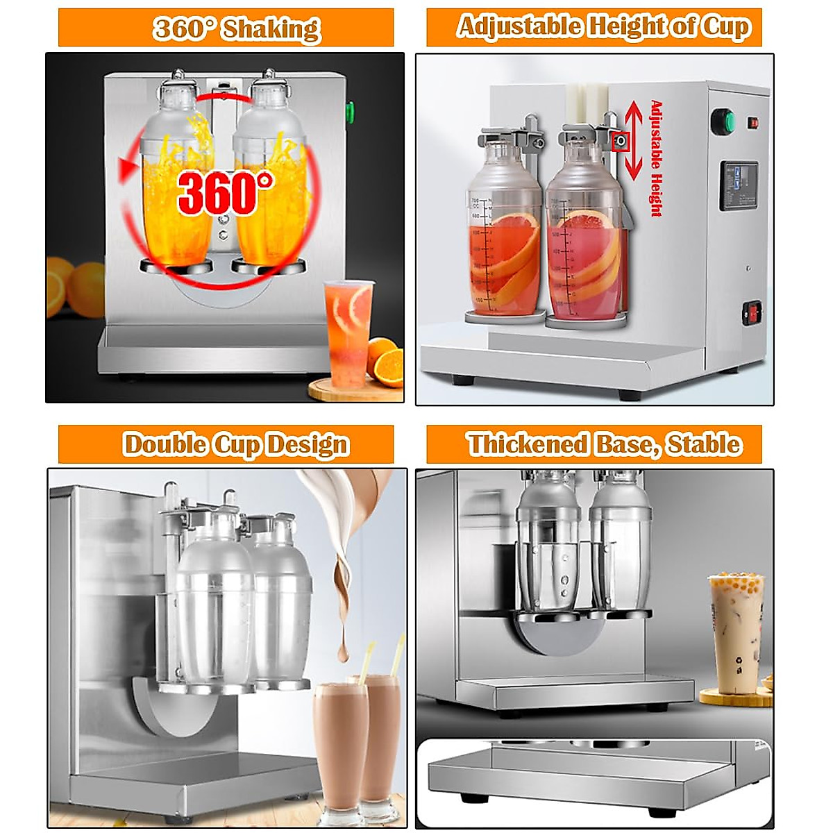 INTBUYING Automatic Milk Tea Shaking Machine Double Stations Bubble Boba Milk Tea Shaker Stainless Steel Electric Milking Tea Mixing Blender with 4 Mugs for Bubble Tea Beverages Coffee
