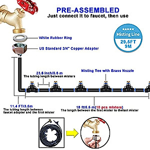 DUN Misters for Outside Patio 29.5ft(9m) Outdoor Misters Cooling System Misters Cooling Kit Whit 11 Copper Mister Nozzles + A Connector(3/4) for Patio Garden Greenhouse Garden Irrigation