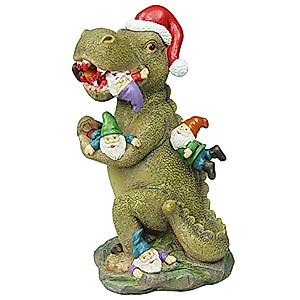 CCOQUS Garden Gnome Massacre Statue, T Rex Dinosaur Eating Gnome Figurines Indoor/Outdoor Garden Sculpture Christmas Decoration for Patio Yard or Lawn