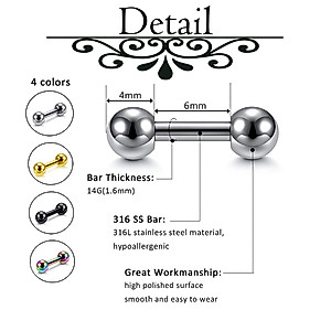 Stainless Steel 14G Body Piercing Barbells Silver Gold Black Rainbow Color 6mm Post Studs Earring Nipple Nose Tongue Helix Tragus Cartilage Labaret Medusa Lip Eyebrow Straight Bar 4mm Ball Screw