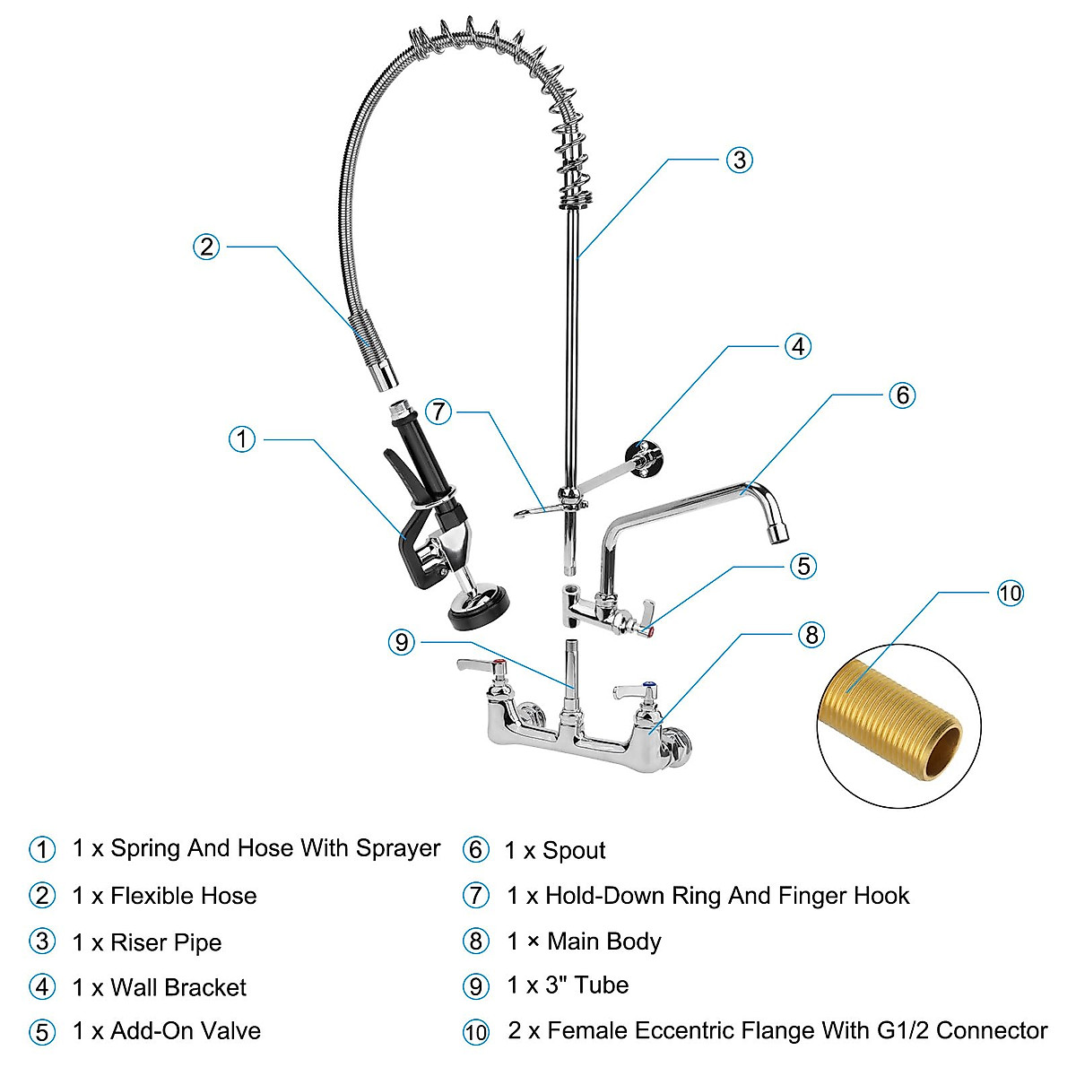 uxcell Commercial Sink Faucet with Pre-Rinse Sprayer, Wall Mount Faucet with 12" Swivel Spout 8" Center 36" Height Pre Rinse Faucet for Chrome Solid Brass