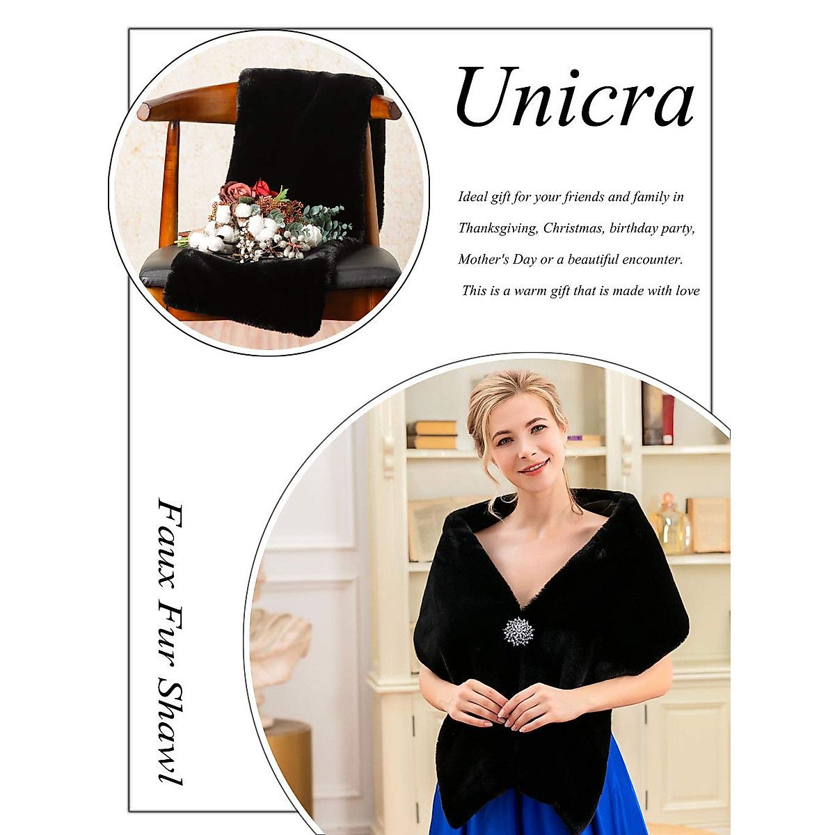 Unicra Women's Wedding Faux Fur Shawls and Wraps Bridal Fur Scarf Stoles with Rhinestones Brooch for Bride and Bridesmaids