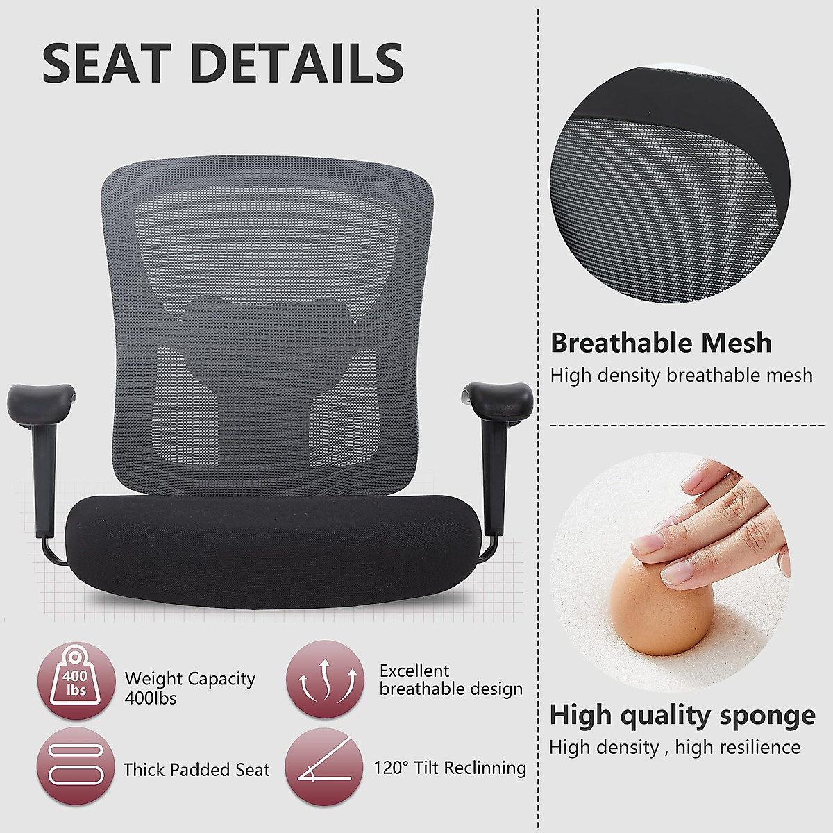 Big and Tall Office Chair 400lbs Desk Chair Mesh Computer Chair with Lumbar Support Wide Seat Adjust Arms Rolling Swivel High Back Task Executive Ergonomic Chair for Home Office (Grey)