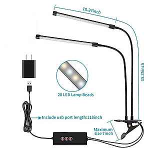 Clip on Lamp, Dual Head Bright Eye-Care 3 Color Mode Desk Lamp with Clamp, 5 Level Dimmer Clip on Light, 360 °Adjustable Clip on Desk Lamp for Reading, Working, Bedroom, Music Stand