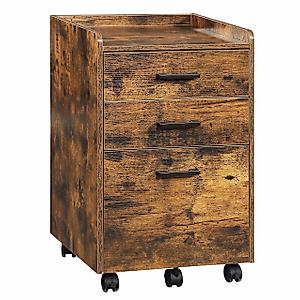 Kavonty File Cabinet, Mobile Office Cabinet with 2 Small Fabric Drawers and 1 Large Drawer,for A4, Letter Size, Hanging File Folders, Rustic Brown and Black