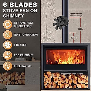 fanverk Wood Chimneys Stove Fan， Pipe Fireplace Fan - Heat Powered, 6 Blades, Increases Warm Air Circulation by 80% Compared to 4 Blade Fans - Suitable for Wood/Log Burner/Fireplace