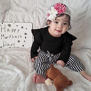 DREAM BUS Newborn Toddler Baby Girl Outfits Romper Ribbed Knitted Long Sleeve Cotton Striped Pants Black,3-6 Months