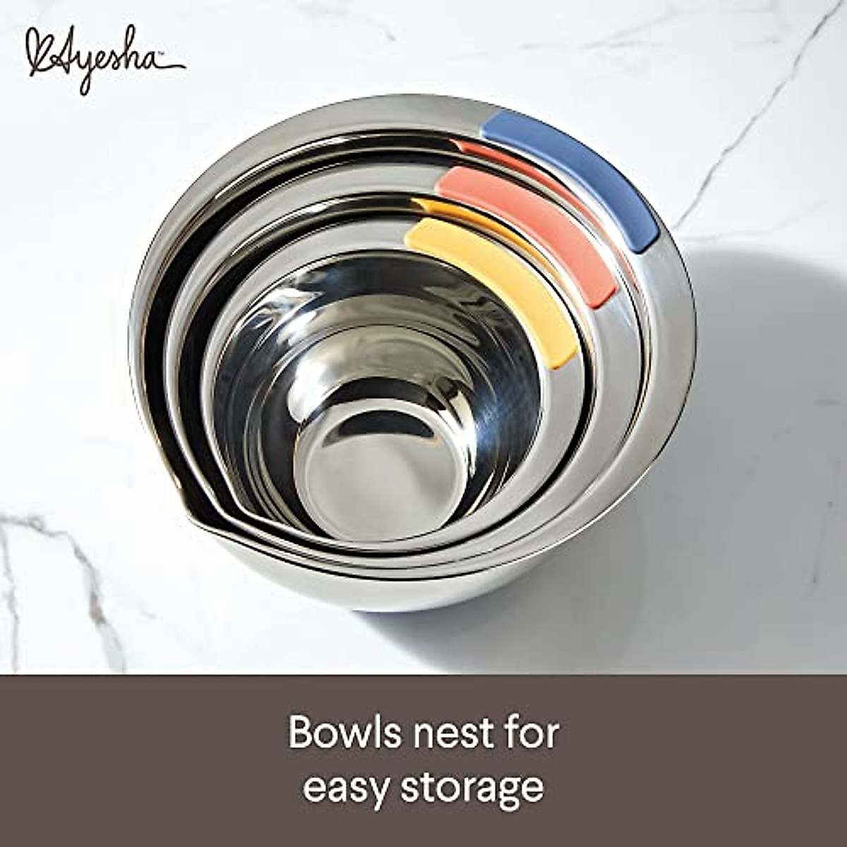 Ayesha Curry Kitchenware Pantryware Stainless Steel Nesting Mixing Bowls Set, 3 Piece, Silver with Color Accent Handles