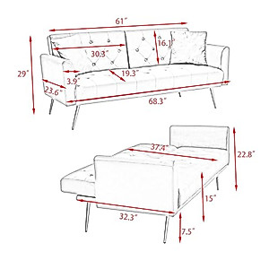 Modern Convertible Tufted Futon Sofa Bed Split Adjustable Backrest Loveseat Sofabed W/Removable Padded Armrests and 2 Pillows for Home Office Apartment RV Studio Living Space/Guest Room
