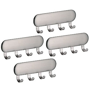 mDesign Metal Peel and Stick Adhesive 4 Hook Storage Rack - Wall Mount Organizer for Entryway, Mudroom, Hallway, Kitchen, Office - Holds Car/House Keys, Leashes - 4 Pack - Brushed Stainless Steel