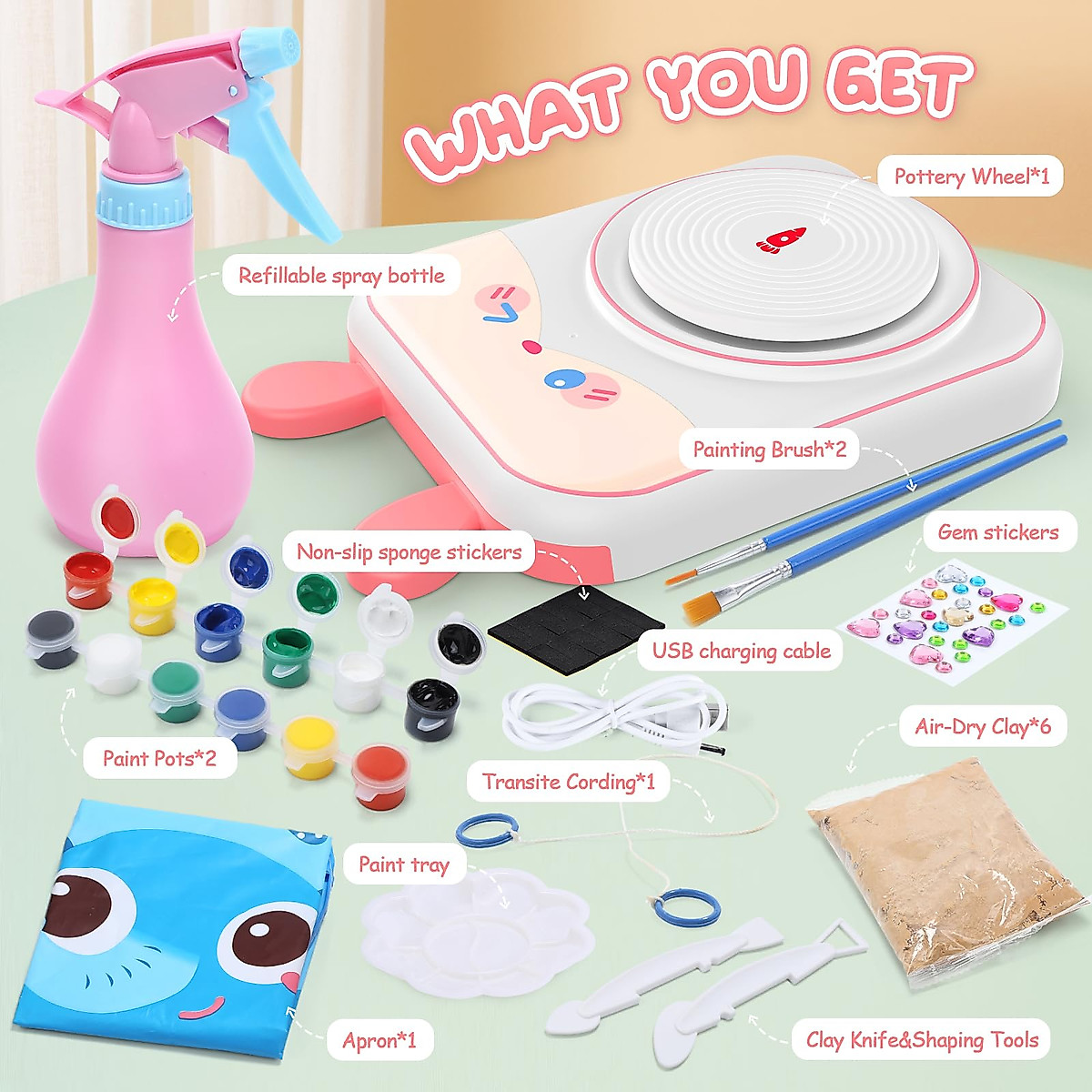 Skirfy Pottery Wheel for Kids-Clay Sculpting Tools & Painting Kit,Birthday Gift Girls Toys 8-10,DIY Kits Clay Maker for Beginners with 6 Packs Modeling Clays, Art&Crafts Kits for Kids Ages 9-12