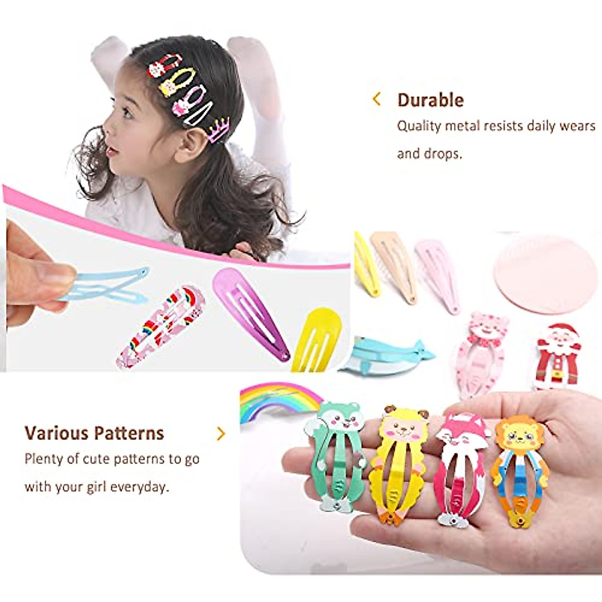 Hair Clips for Girls, Funtopia 100 Pcs Cute Snap Hair Clips Barrettes for Women Teens Girls Kids, Colorful No Slips Metal Fruit Animal Hair Clips for Birthday Party