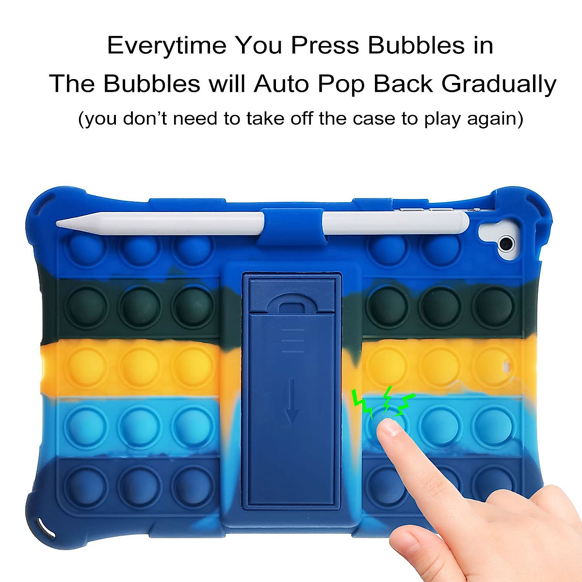 iZi Way Pop It iPad Tablet Case, iPad 9th / 8th / 7th Generation Case 10.2" Kids Boys, Fidgets Poppet Puppet Pop Its Bubble Silicone Case, Stand, Strap, Pencil Holder for 10.5" iPad Pro/Air 3 – Blue