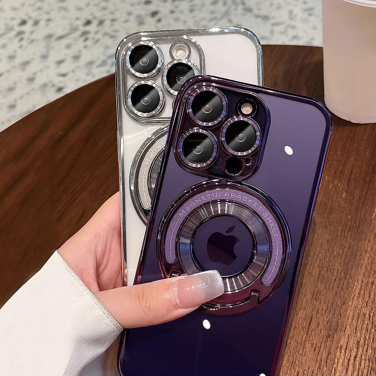 Uioeua Compatible with iPhone 13 Pro Max Magnetic Clear Kickstand Case,Luxury Plating Transparent Bracket MagSafe Case with Full Camera Lens Protector for iPhone 13 Pro Max Women Girl Men-Elegant Pink