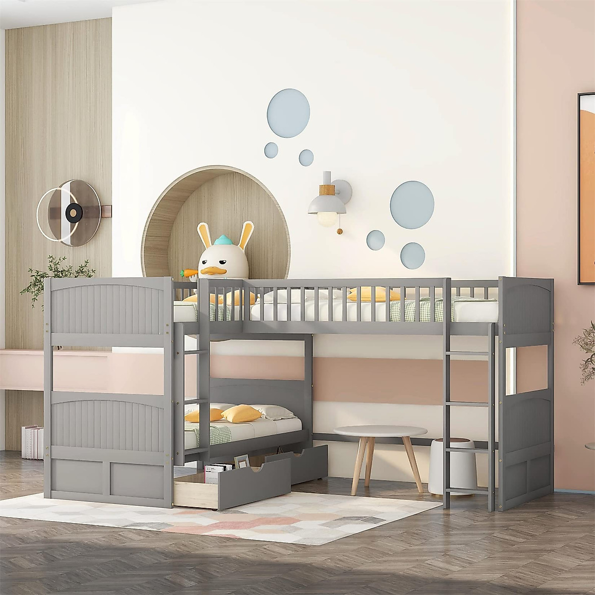 Triple Bunk Beds, L-Shaped Bunk Bed for 3 with Drawers,Twin Over Twin Wood Bunk Bed and Loft Bed with Storage for Kids, Boys, Girls, Teens, Adults, Gray