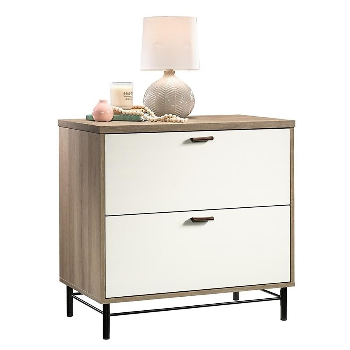 Sauder Anda Norr Wood Lateral File Cabinet with White Accents, Sky Oak Finish