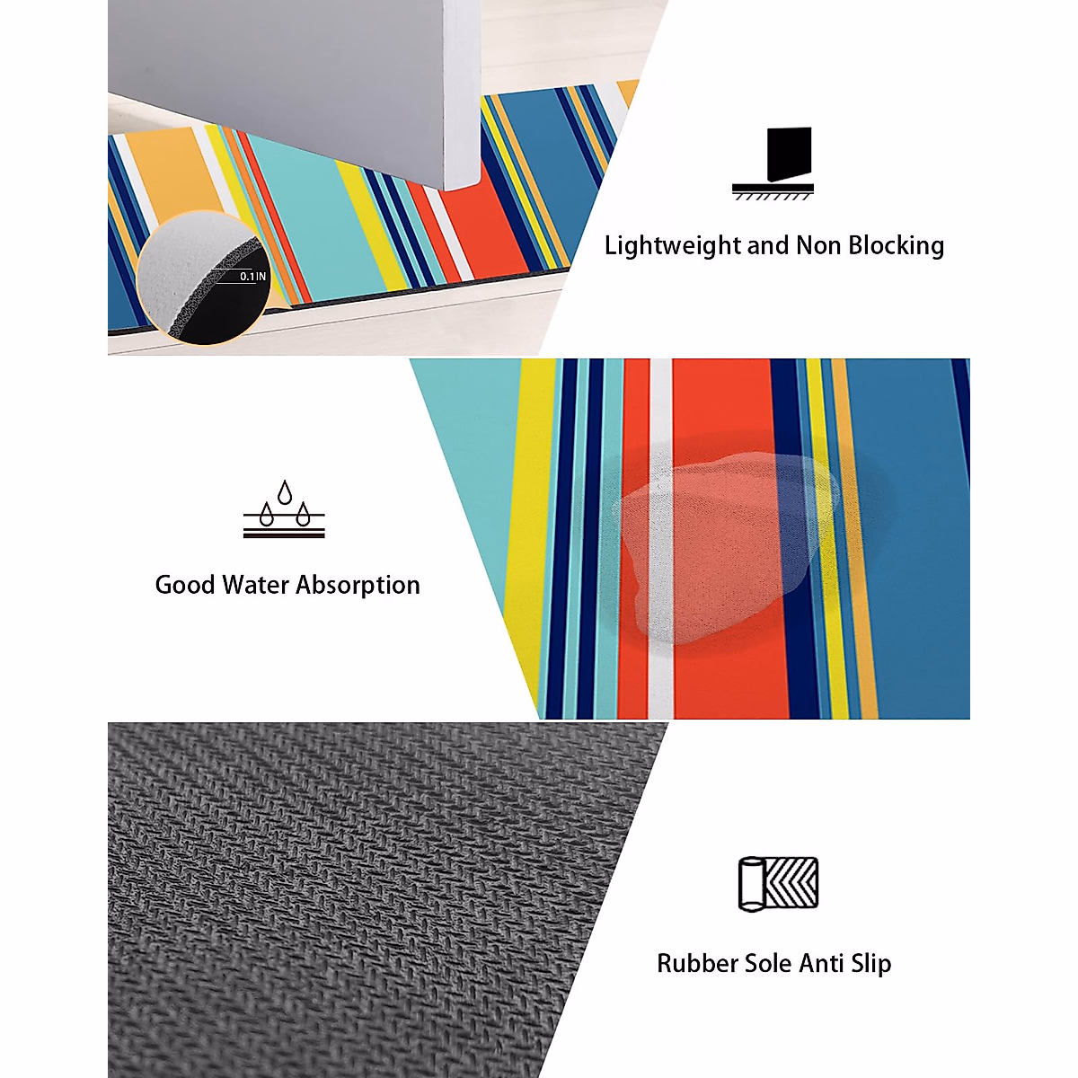 Kitchen Runner Rugs Set of 2, Colorful Stripes Yellow Teal Red Blue Wood Texture Rubber Non-Slip Area Collection Rug High Traffic Areas for Hallway,Bathroom, Laundry Room Rug Mat 16"x24"+16"x47"