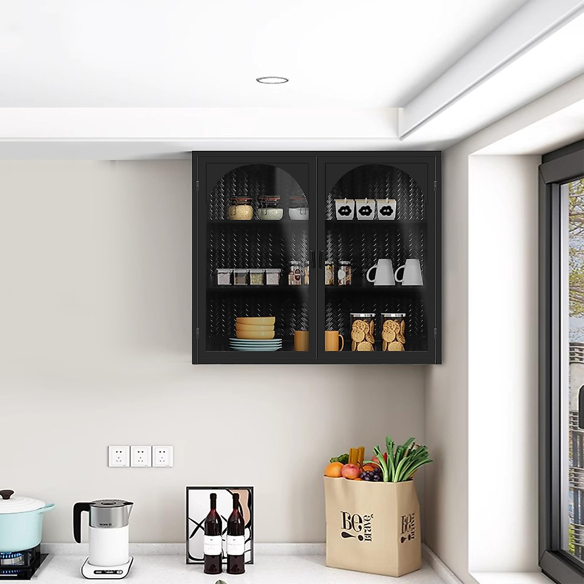 HXCQYGL Glass Doors Modern Two-Door Wall Cabinet with Featuring Three-Tier Storage for Entryway Living Room Bathroom Dining Room, Wall Cabinet with Characteristic Woven Pattern, 27.56" (Black)