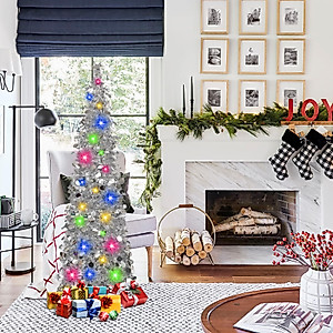 MACTING Christmas Pop up Tree with 50 LED Lights 5FT Silver Collapsible Easy-Assembly Coastal Glitter Tinsel Pencil Tree for Porch Apartment Corner Home Holiday Party Christmas Decorations