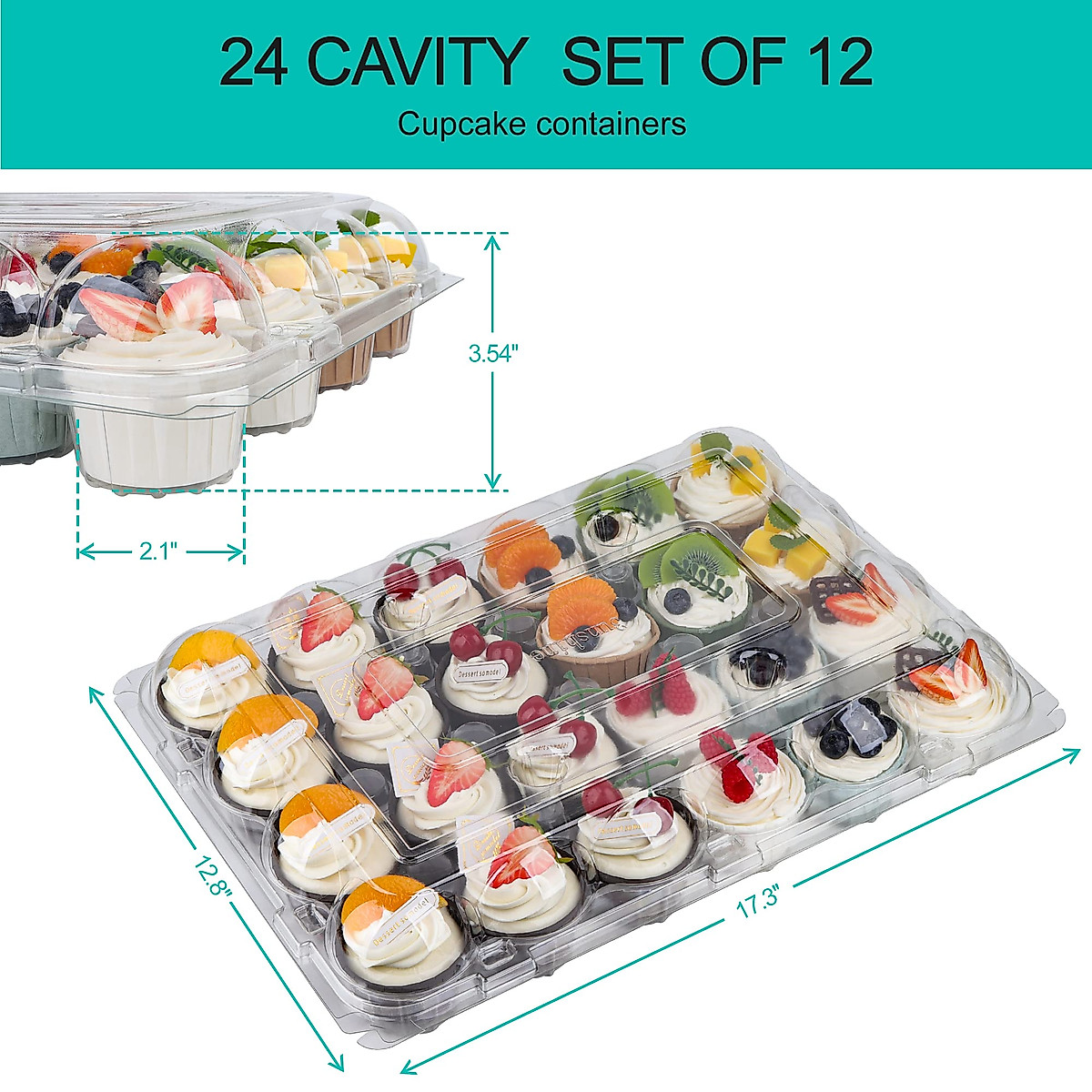 3unshine 24 Count Cupcake Containers, Set of 12 Plastic Cupcake Boxes Bulk, 24 Compartment Cupcake Holder with Detachable Lid,Disposable Muffin Carrier