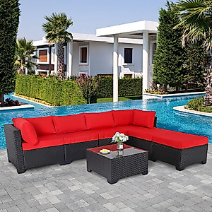 Lviden 7 Pieces Outdoor PE Wicker Furniture Set Patio Rattan Sectional Conversation Sofa Set with Red Cushions and Glass Top Table