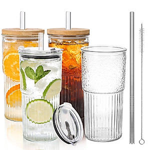 Moretoes Glass Cups with Lids and Straws, 20 oz Glass Tumbler with Lid and Straw Iced Coffee Cup, Glass Cups for Juice Water Smoothie, Glass Drinking Set of 4