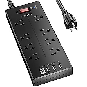 Surge Protector Power Strip - QINLIANF 6 Ft Extension Cord with 8 Outlets and 4 USB Ports, (1625W/13A), 2100 Joules, ETL Listed, Black
