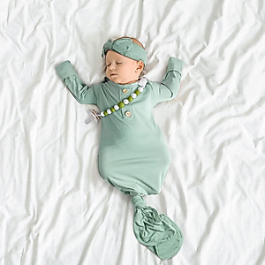 Newborn Baby Knotted Gown, Super Soft Silky Infant Sleeper, Baby Girl Sleep Gown with Mittens, Bow, Clip and Hat Set