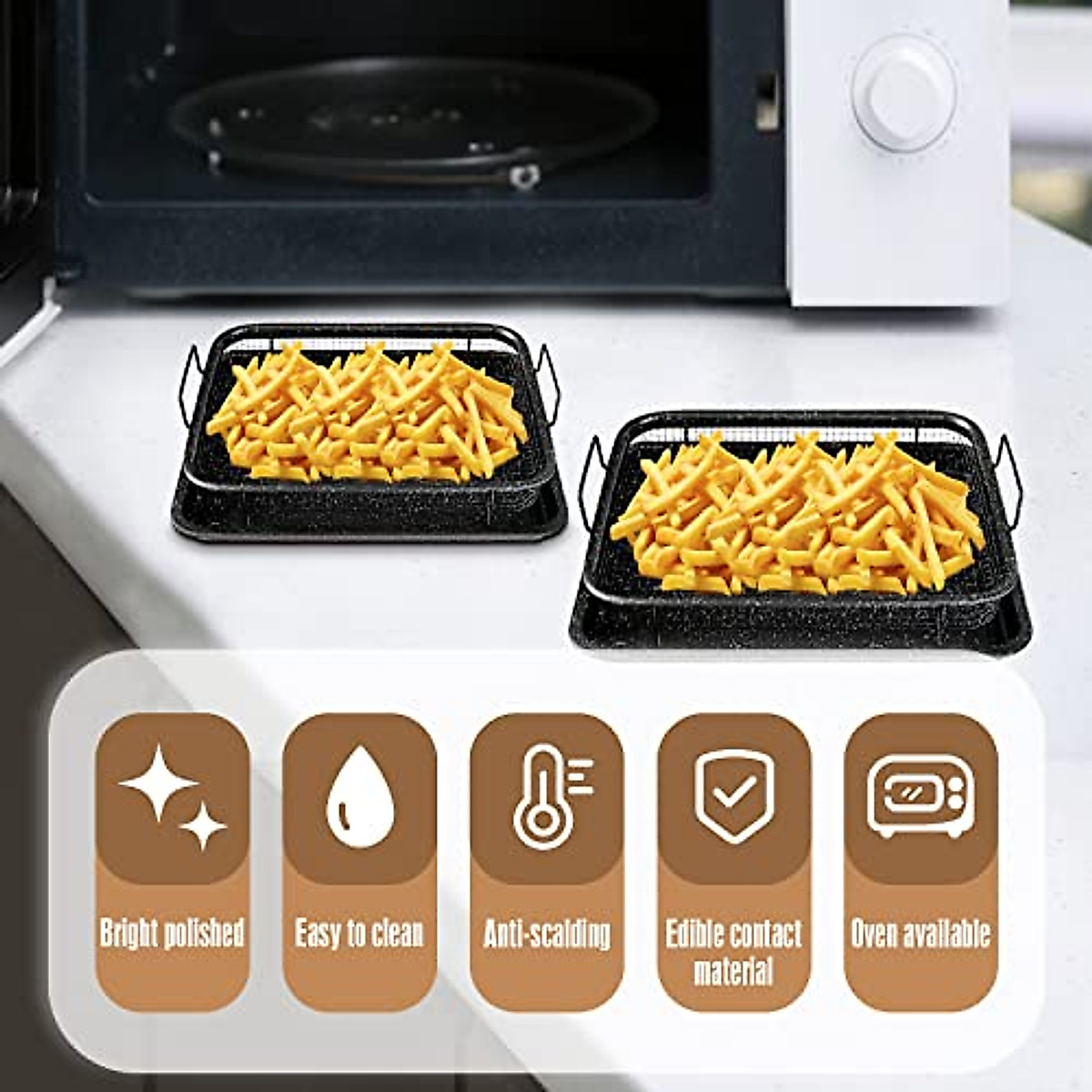 PBRO 2 Piece Copper Crisper Tray,13"L x9" W Oven Pan,Non Stick Baking Tray,Oven Baking Pan & Mesh Basket Set,Air Fryer Pan,Microwave Bacon Tray,French Fries Basket,Baking Set Kitchen Supplies -Black