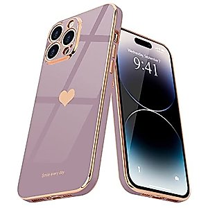 Teageo for iPhone 14 Pro Case for Women Girl Cute Love Heart Luxury Plating Soft Bling Back Cover Raised Full Camera Protection Bumper Silicone Shockproof Phone Case for iPhone 14 Pro, Lavender