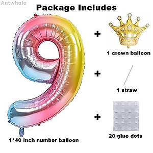 40 Inch Rainbow Gradient Number Foil Balloons With Detachable Gold Crown,Large Size Number 9 Mylar Helium Balloons For 9th Birthday Party Wedding Anniversary Celebration Decoration Supplies (9)