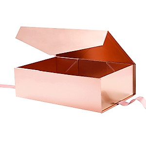 ROSEGLD Large Gift Box with Ribbon 13.5x9x4.1 Inches, Collapsible Gift Box with Lid, Bridesmaid Proposal Box, Magnetic Gift Box for Presents (Glossy Rose Gold)