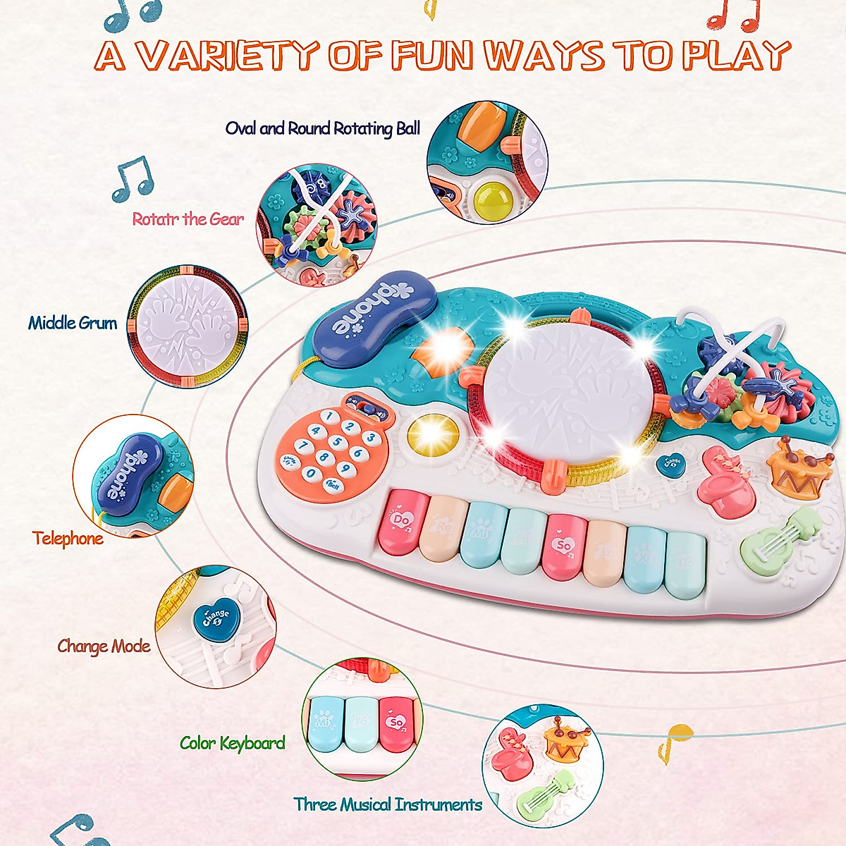 TWFRIC Baby Piano Toys 6 in 1 Toddler Piano Keyboard Drum Set 6 to 12-18 Months Toddlers Music Toy Early Education Musical Learning Toys Gift for 1 2 3 Years Old Kids Girls Boys