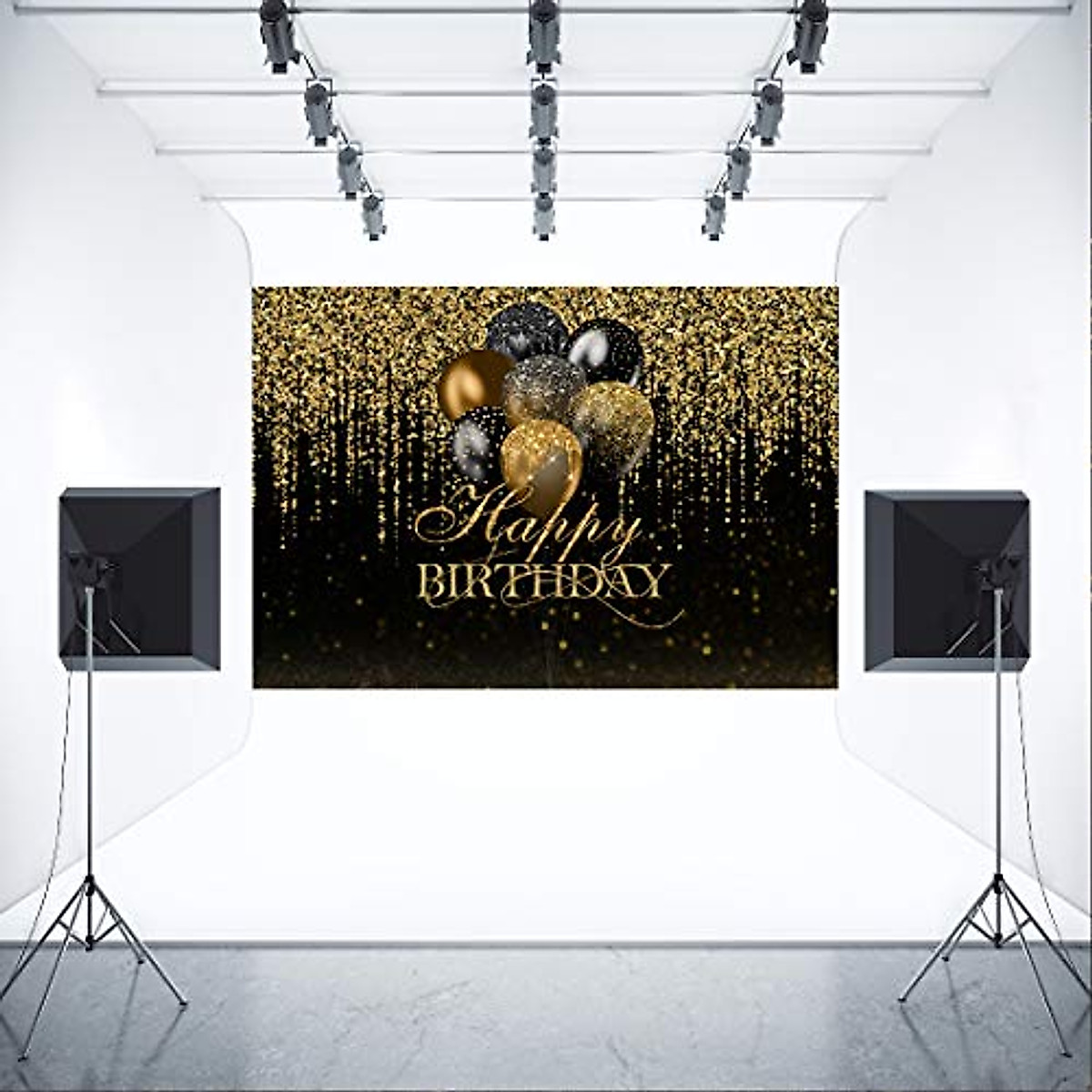 Aperturee 7x5ft Happy Birthday Backdrop Glitter Black and Gold Bokeh Balloons Golden Sparkle Sequin Spots Photography Background Adult Women Girl Banner Party Decoration Photo Booth Studio Cake Table