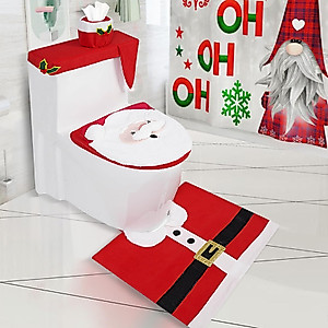 SARDFXUL 4Pcs Christmas Theme Bathroom Decoration Set W/Toilet Seat Cover Rugs Tank Cover Toilet Paper Box Cover for Christmas Bathroom Decoration Set
