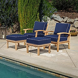 Tortuga Outdoor Jakarta Teak 4 Piece Club Chairs and 2 Ottomans, Navy Cushions Outdoor Furniture Set, Brown