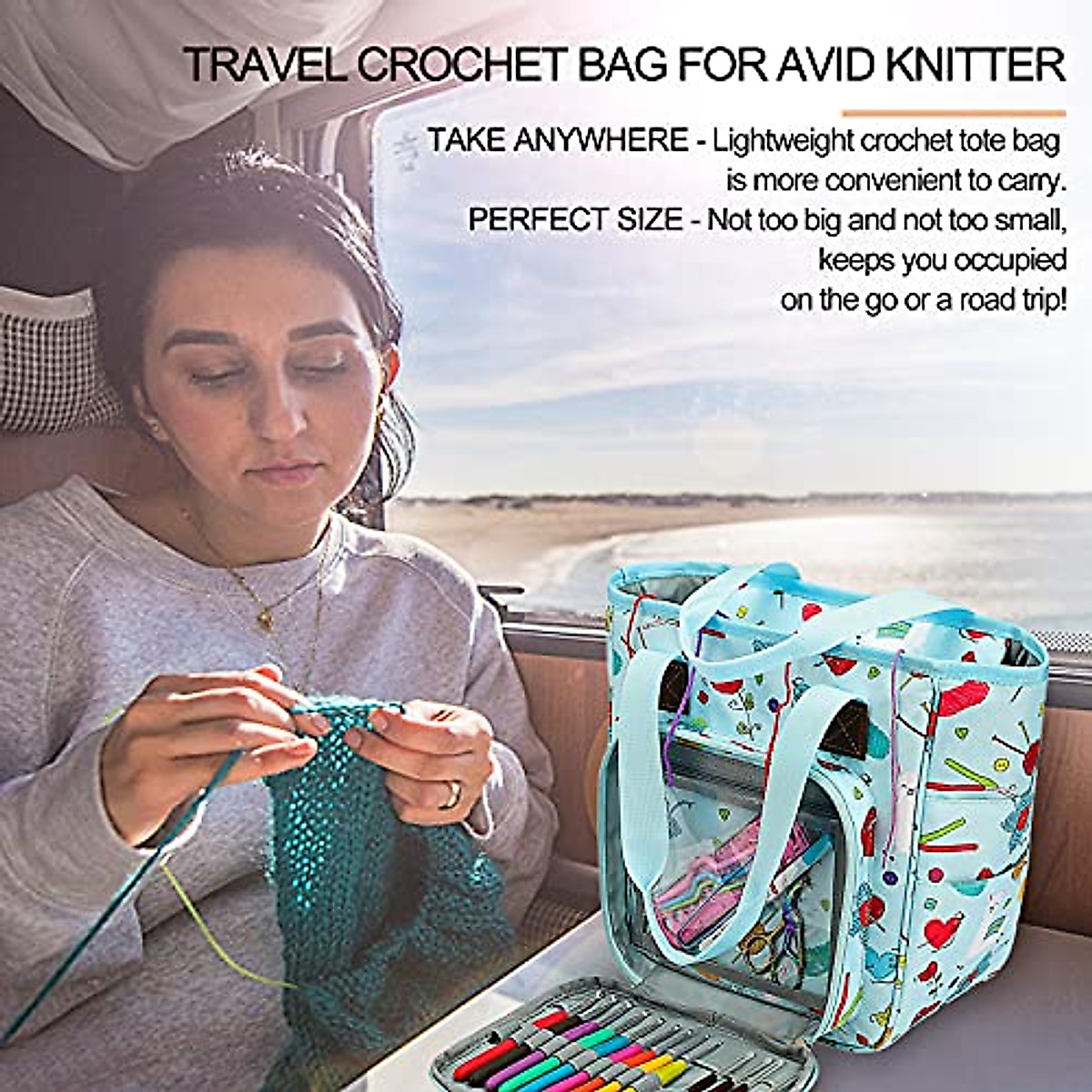 Coopay Knitting Bag Yarn Storage Organizer, Portable Knitting Tote Basket Yarn Bags for Crochet Hooks, Crocheting Kit, Knitting Needles, Yarn Balls, Project & Sewing Supplies - No Accessories (Blue)