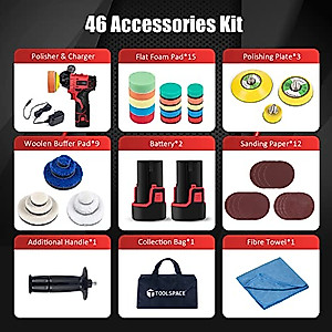 TOOLSPACE 12V Cordless Buffer Polisher, 3" Mini Car Detailing Buffer & Sander Machine Kit with 2 Li-Ion Batteries, 46pcs Variable Speed Trigger for Auto/DIY Polishing/Sanding/Waxing