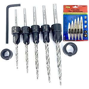 FTG USA Adjustable Wood Countersink Drill Bit Set 5 Sizes Countersink Drill bit #4#6#8#10#12 Tapered Drill Bits with Straight Shank