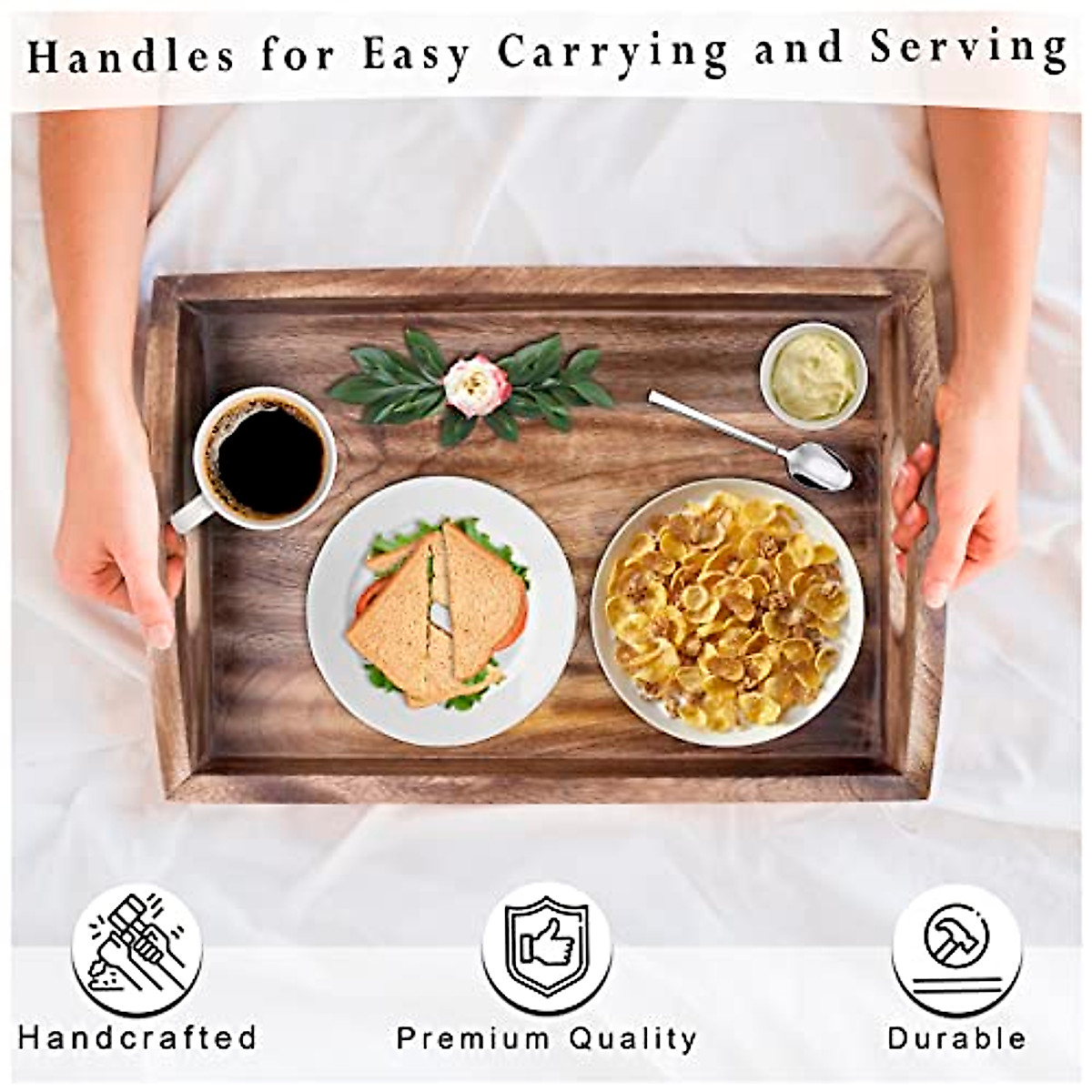 Serving Tray with Handles - Vanity Tray, Wooden Tray, Trays for Coffee Table, Bathroom Trays for Counter, Ottoman Tray, Party Trays for Serving Food, Rectangle Tray, Set of 2 Brown