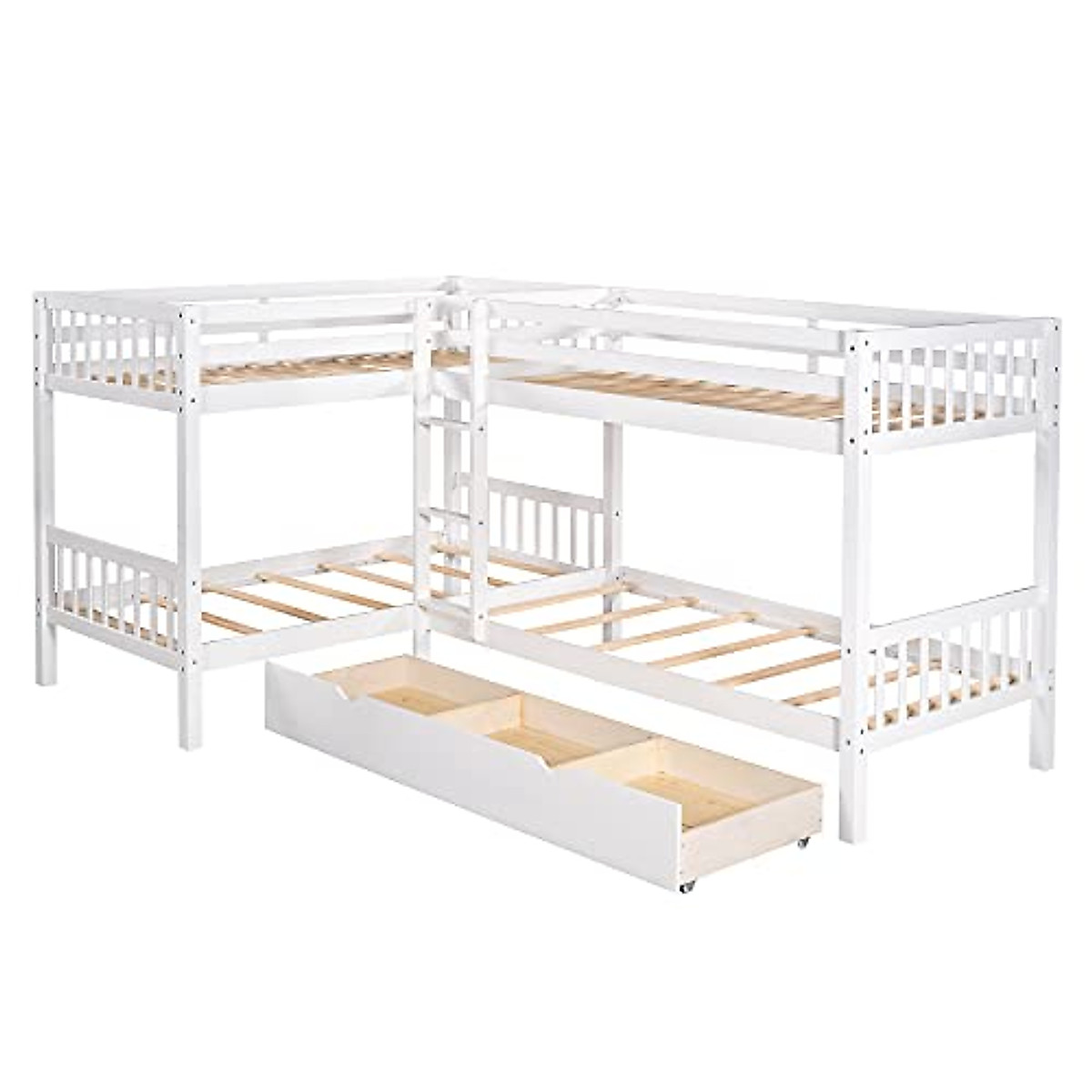 HYC L-Shaped Bunk Bed with Drawers, Bunk Bed for 4 Twin Over Twin for Boys Girls Kids Teen Wood Quad Bunk Beds Frame, White