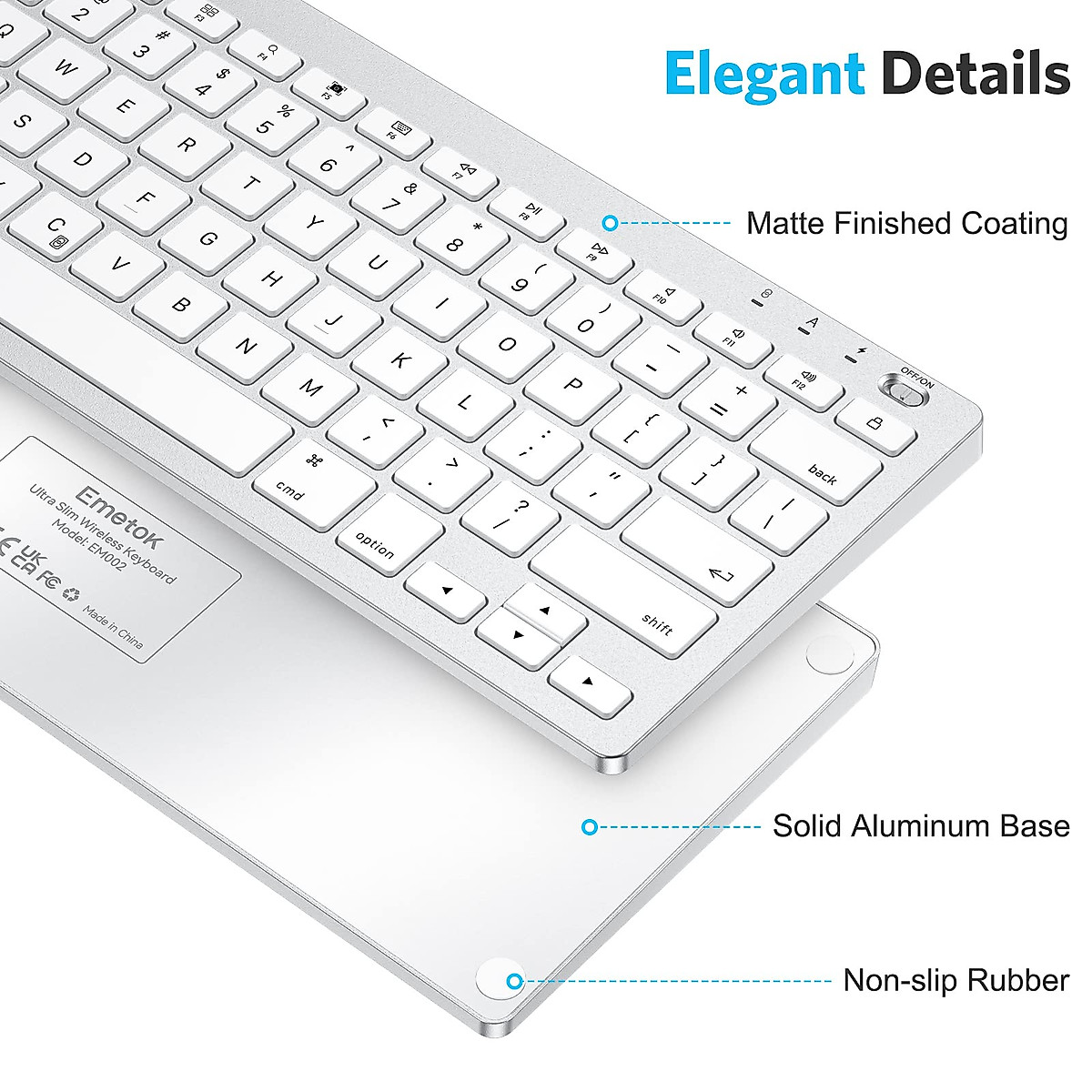 Emetok for iPad Keyboard [Aluminum Base, Big Keycap, Rechargeable], Portable Bluetooth 5.1 Keyboard for iPad 10th/9th/8th, iPad Pro 11/12.9, iPad Air/Mini/iPhone, Silver