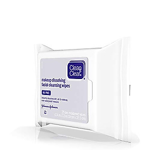 Clean & Clear Oil-Free Makeup Dissolving Facial Cleansing Wipes to Remove Dirt, Oil, Makeup & Waterproof Mascara, 25 ct.